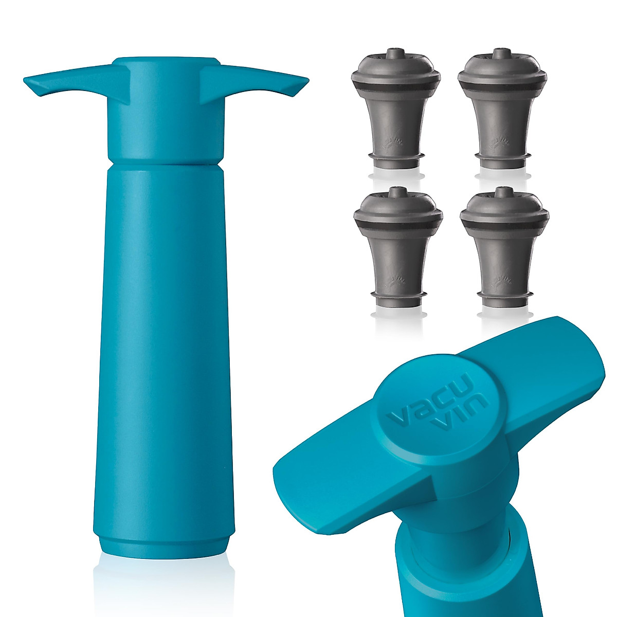 Vacu Vin Wine Saver Pump Blue with Vacuum Wine Stopper - Keep Your Wine Fresh for up to 10 Days - 1 Pump 4 Stoppers - Reusable - Made in the Netherlands