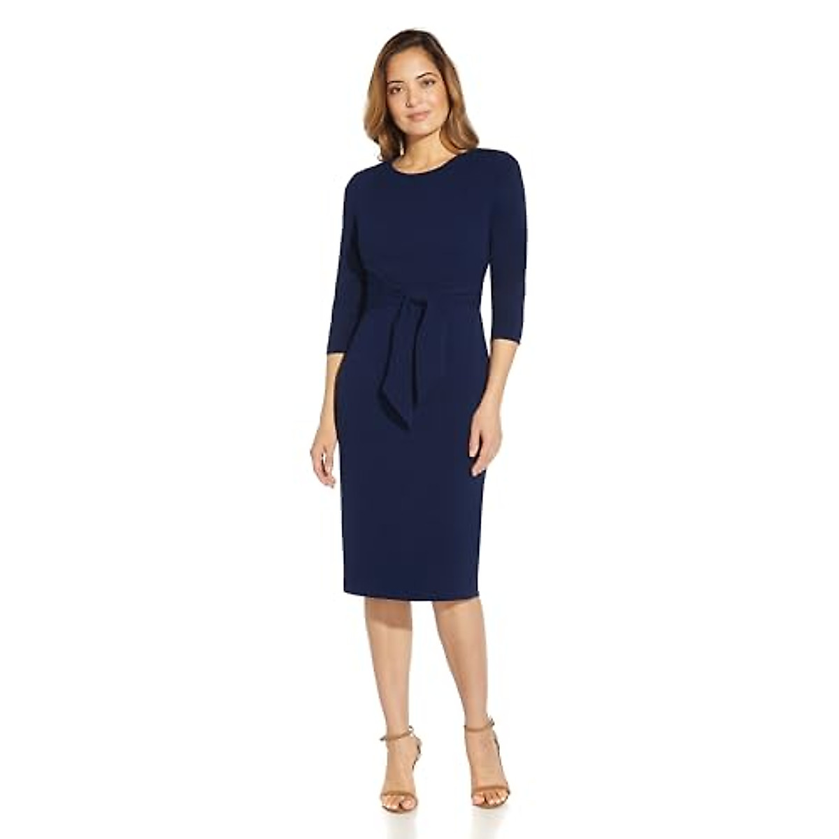 Adrianna Papell Womens Knit Crepe Tie Waist Sheath Dress, Navy Sateen, 10 US