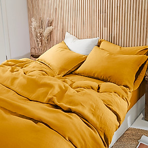 L Linen World Linen Duvet Cover Set 100% Stone Washed French Flax Pure Linen Duvet Covers Cooling Duvet Cover Queen Size Linen Bedding Set 1 Linen Duvet Cover 2 Pillowcases (Yellow,Queen)