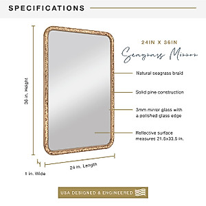 MCS 24x36 Large Wall Mirror, Natural Woodgrain Solid Wood Frame with Braided Seagrass Detail, Vertical & Horizontal Coastal Mirror for Bathroom, Bedroom & Livingroom