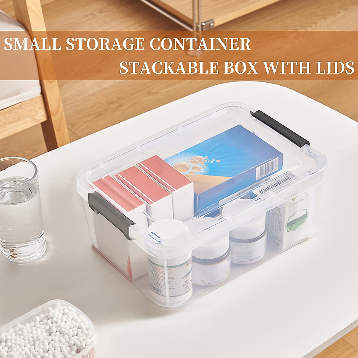 FLMOUTN 8Pcs Small Clear Storage Bin with Lid, Stackable Small Storage Bins with Secure Latching Buckles, 0.91 Qt / 1 Liter Clear Storage Boxes for Organizing Kid's Toy Crafts