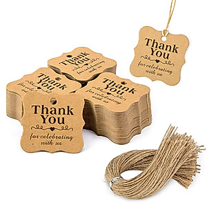 SallyFashion Thank You Tags, 150PCS Brown Kraft Gift Tags with 150PCS Free Natural Jute Twines Brown Scalloped Edge Tags for Gift Wrapping, Wedding, Favor Box, Baby Shower