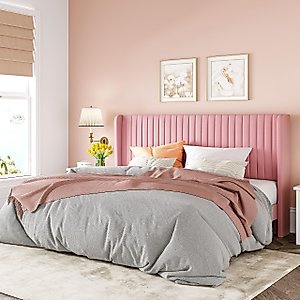 Allewie King Size Velvet Bed Frame/Vertical Channel Tufted Wingback Headboard/Upholstered Platform Bed/Strong Wooden Slats/No Box Spring Needed/Easy Assembly/Pink