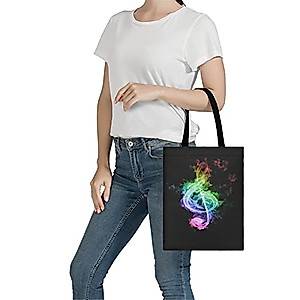 HUGS IDEA Music Notes Fire Pattern Linen Tote Bag Grocery Storage Handbags for Outdoor Travel Shopping Shoulder Purse