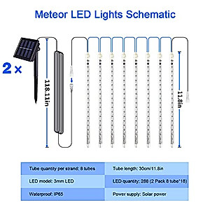 JMEXSUSS 2 Pack Solar Meteor Shower Lights, 16 Tube 288 LED White Solar String Lights Outdoor, Waterproof Solar Christmas Lights for Tree Patio Garden Wedding Party Decorations
