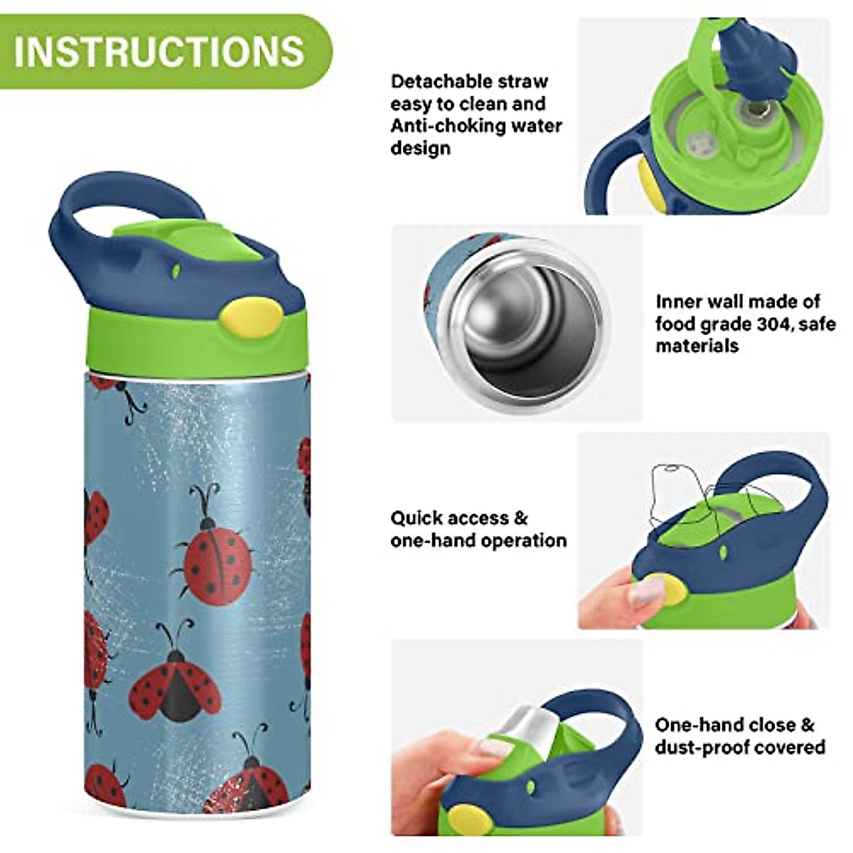 ALAZA Blue Ladybug Kids Water Bottles with Lids Straw Insulated Stainless Steel Water Bottles Double Walled Leakproof Tumbler Travel Cup for Girls Boys Toddlers 12 oz,Green