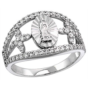 Sterling Silver Micropave CZ Guadalupe Ring for Women Cross Sides Split Shank Diamond Cut Halo Rhodium Finish size 9