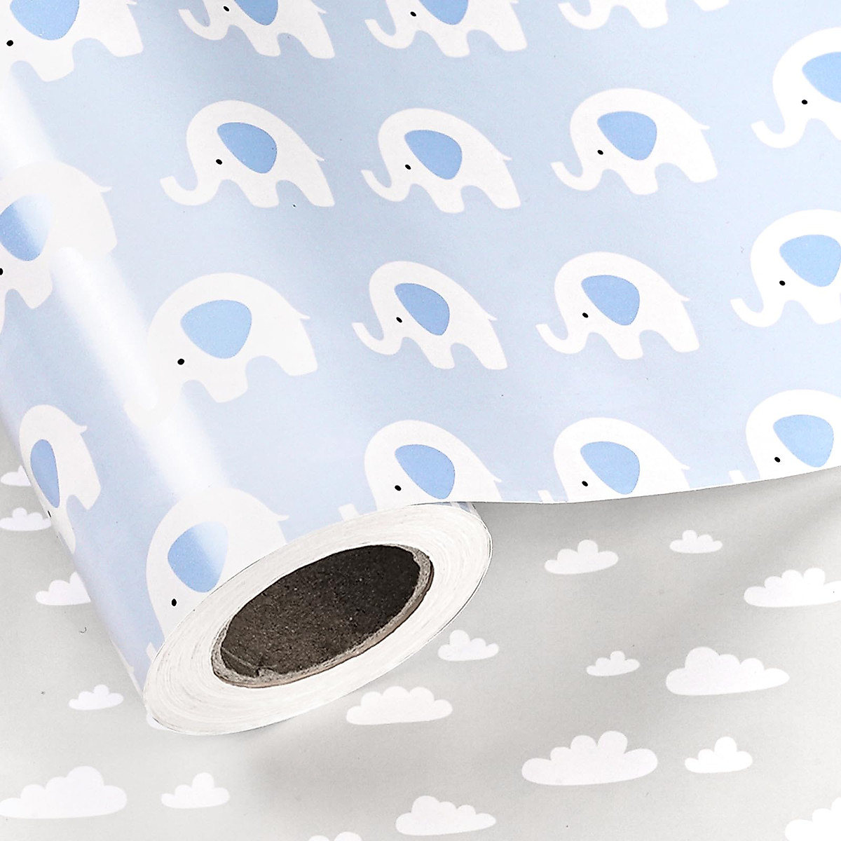 LeZakaa Reversible Baby Shower Wrapping Paper - Jumbo Roll - Elephant in Blue & Cloud in Gray for Baby Boy - 24 inches x 100 Feet (200 sq.ft.)