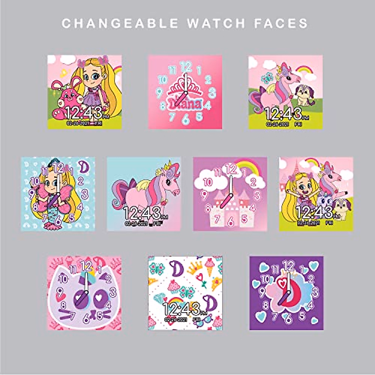 Accutime Kids Love, Diana Show Educational Learning Touchscreen Pink Smart Watch Toy with Graphic Strap for Girls, Boys, Toddlers - Selfie Cam, Games, Alarm, Calculator, Pedometer (Model: LDA4037AZ)