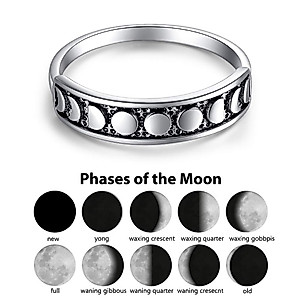 Bamos Moon Phase Engagement Ring, Pure 925 Sterling Silver Moon Ring Wedding Ring for Women, 9 Moon Phases from New Moon to Old Moon on Chrome Plated Mesh Base, Size 6 7 8 9 10