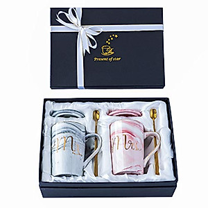 Jumway Mr and Mrs Coffee Mugs - Wedding Gifts for Bride and Groom - Gifts for Bridal Shower Engagement Wedding and Married Couples Anniversary - Ceramic Marble Cups 14 Oz Pink