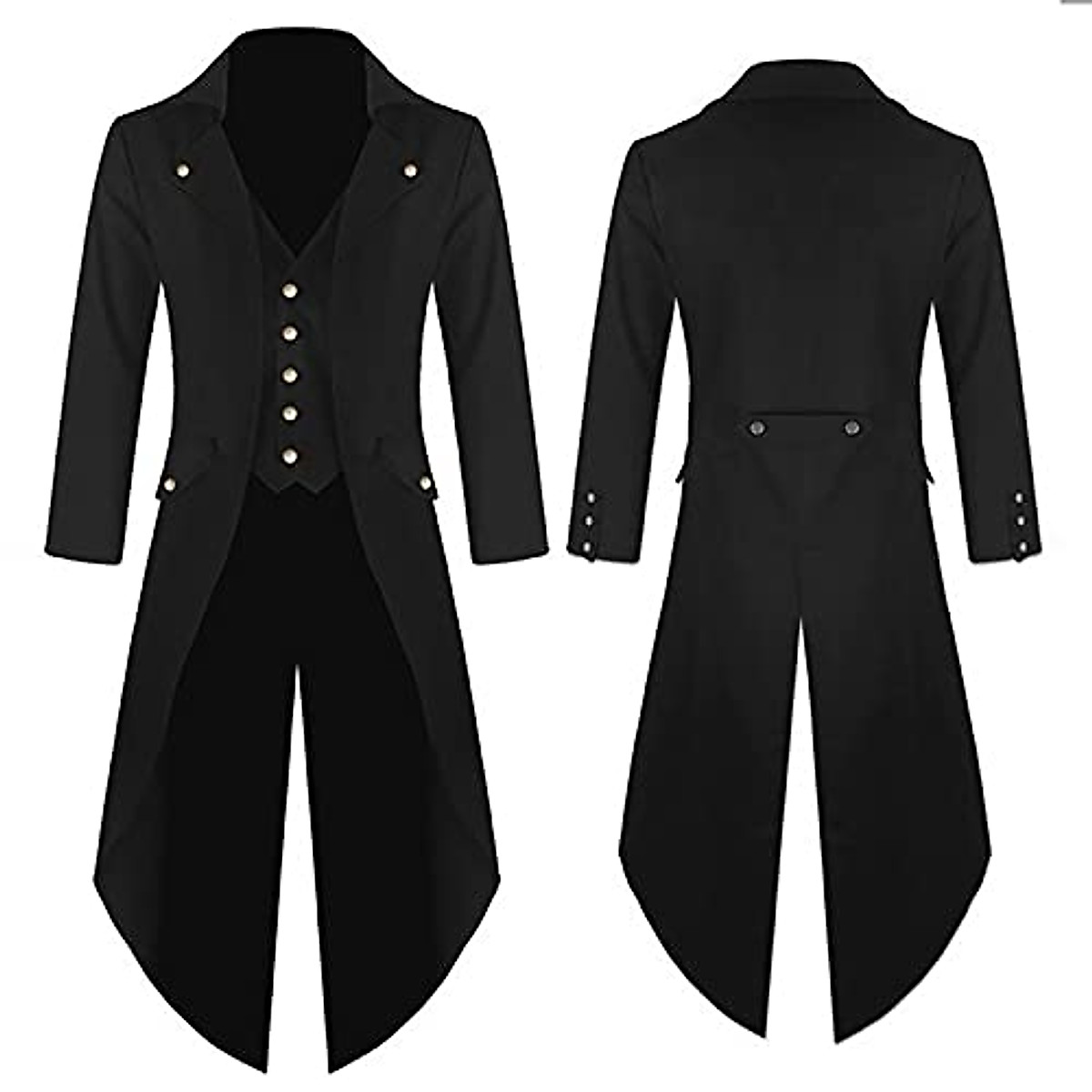 JDHUFEI Mens Gothic Costume Vintage Halloween Coat Long Sleeve Button Down Tailcoat Lapel Medieval Ball Gown Cosplay Clothes