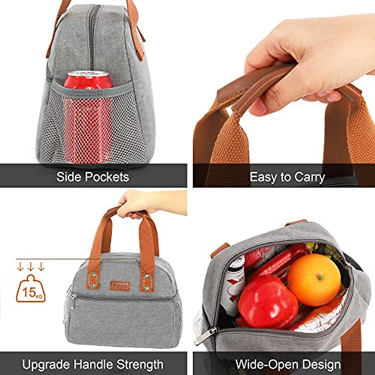 Lunch Bag for Women Insulated Lunch Box with Pockets Durable and Small Lunch Tote Bag for Work, School and Picnic (gray)
