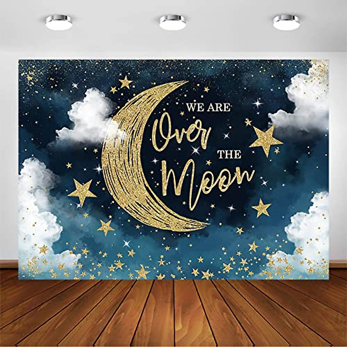 Avezano We are Over The Moon Baby Shower Backdrop Moon and Stars Starry Night Celestial Baby Shower Party Decorations Photoshoot Photography Background (7x5ft)