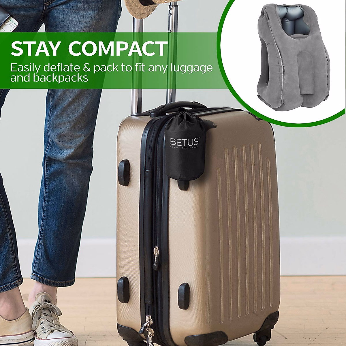 Betus Dreamer Comfort Inflatable Travel Pillow for Airplane - Ergonomic Design & Comfortable Neck Head Rest Pillow for Long Sleeping on Airplane Flight, Train Trip or Office Napping