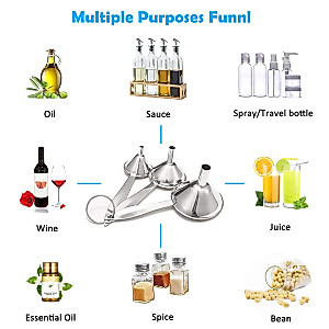 Small Funnels for Filling Bottles, 3 Pcs Stainless Steel Kitchen Funnel Set with Long Handle, Food Grade Mini Metal Funnel for Transferring Oil Liquid, Easy Cleaning with a Brush