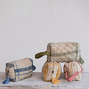 Creative Co-Op Quilted Jute Plaid Zip Handles, Set of 4 Colors Pouch, Multi