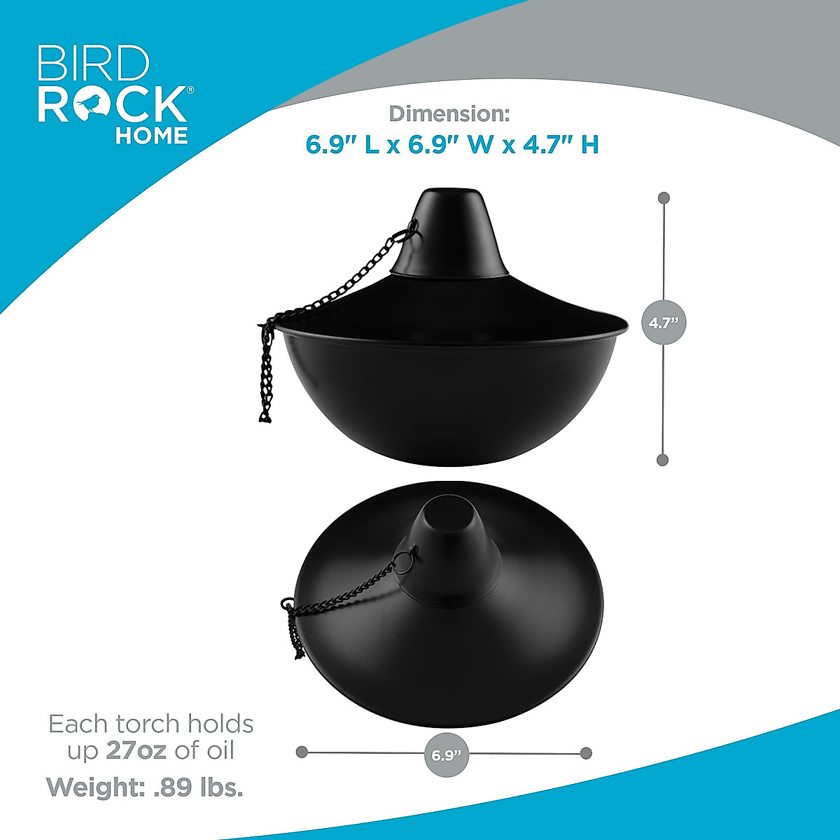 BIRDROCK HOME Tahitian Tabletop Citronella Lamp Torches - Easy Refill Metal Lanterns with Flickering Flame for Decorative Backyard, Deck & Outdoor Patio Lighting - Refillable Design - Black, Pack of 2