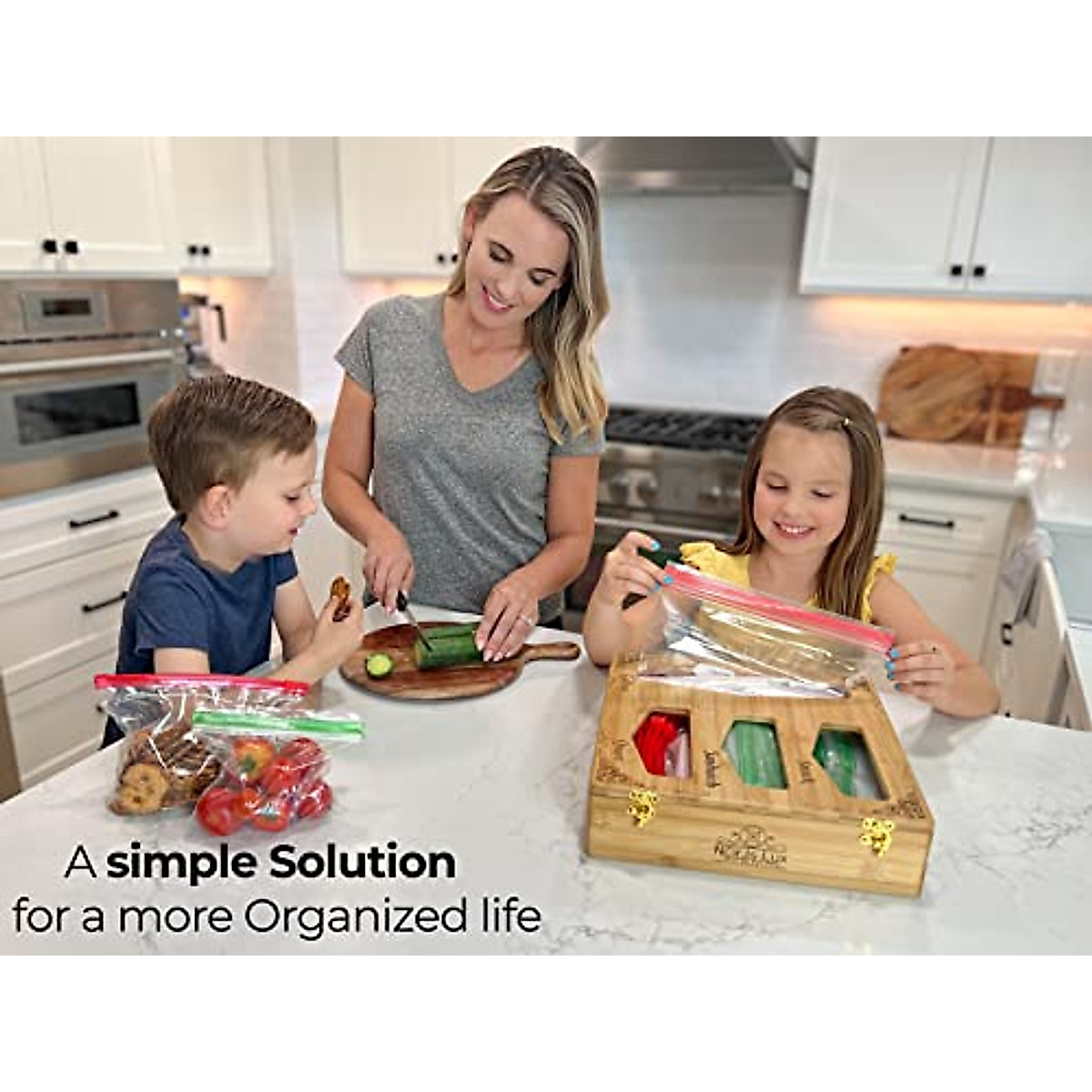 Ziplock Bag Organizer for Kitchen Organization - Luxury Storage Bag Dispenser - Sandwich Bag Organizer with Flip Lid Compatible with Gallon, Snack and Slider Quarts for Wall, Drawer, or Counter Top