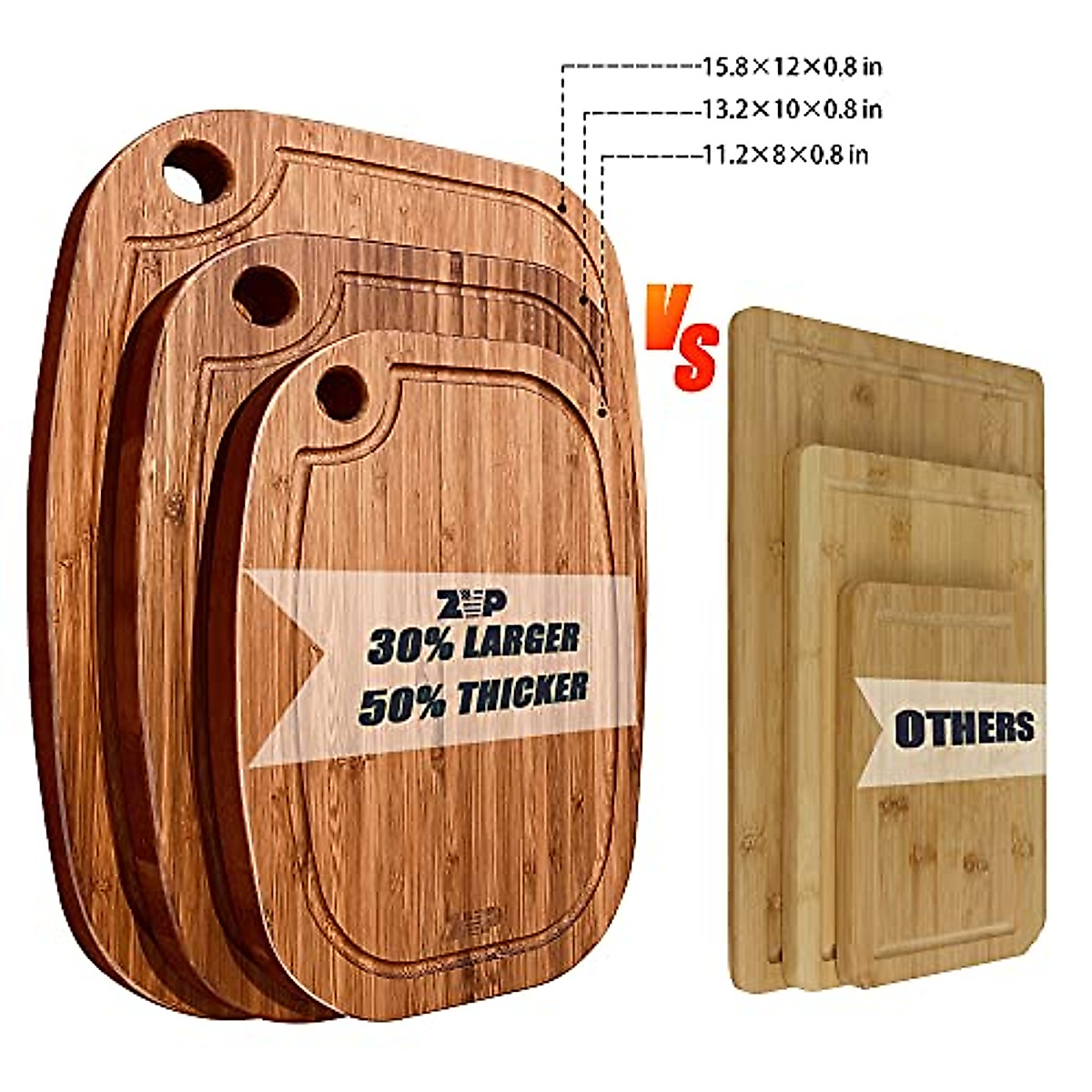 ZVP Extra Thick Bamboo Cutting Board for Kitchen 4 Pack, Extra Large Wood Chopping Board Set with Juice Grooves, Butcher Block, Storage Holder, for Meat Cheese and Vegetables, Walnut Brown