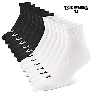 True Religion Mens Socks Ankle Socks for Men Quarter Premium Athletic Men's Socks 12 Pairs Black/White, Shoe Size 8-12,
