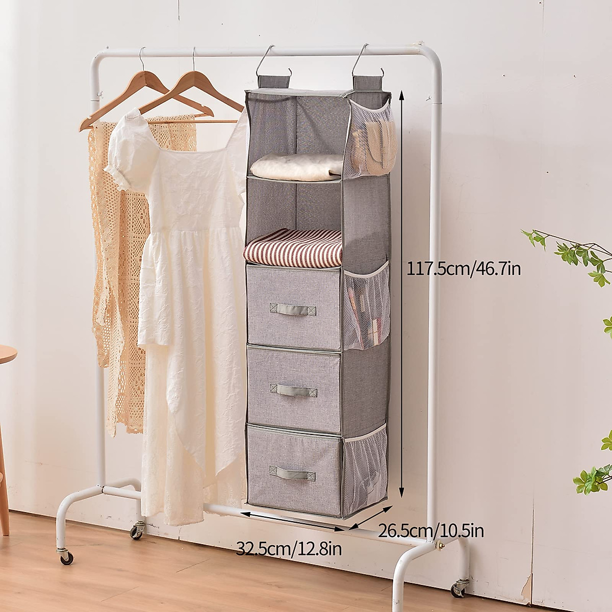 FOKICOS Hanging Closet Organizer 5 Shelf Storage Shelves with 3 Divisible Drawer Washable No Cardboard for Clothes Grey