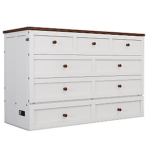 Wakefit Queen Murphy Bed Chest with Charging Station and Large Storage Drawer, Solid Pine Murphy Bedframe for Home Office Small Room, No Spring Box Needed, White+Brown