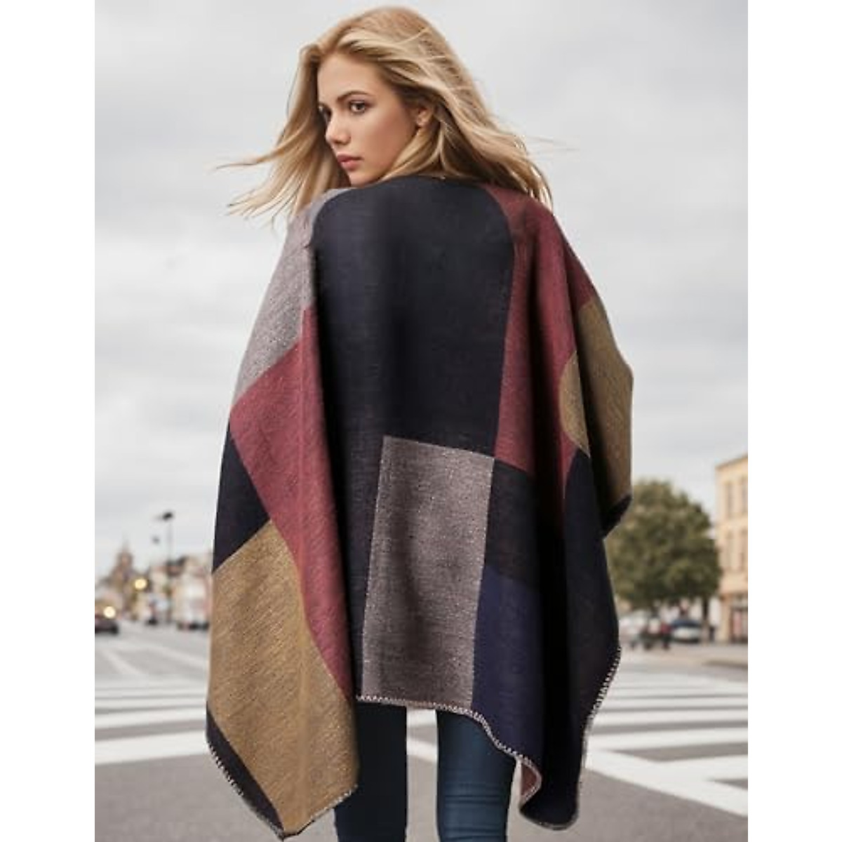 PAMEILA Women's Travel Plaid Shawl Wraps Open Front Poncho Cape Warm Oversized Sweaters Casual Cardigan Shawls for Fall Winter,Series 01-Khaki