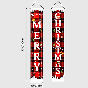 Merry Christmas Door Banner, Plaid Christmas Porch Sign, Outside Xmas Front Door Decorations Outdoor