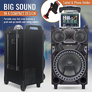 Portable Bluetooth Party Speaker and Karaoke Machine with 2 Wireless Mics, Disco Ball, LED Lights, Handle and Wheels, FM Radio. Loud Party Sound System, Rechargeable Tailgate PA Speaker
