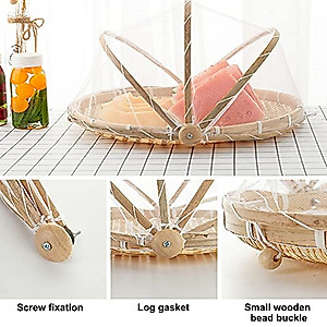 Food Bamboo Food Serving Tent Basket Hand-Woven Basket Serving Dustproof Round Picnic Basket Vegetable Fruits Bread Food Home Food Storage Basket with Mesh Gauze Cover Container