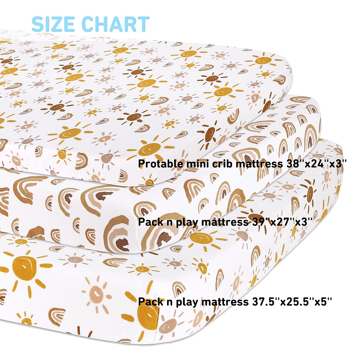 Babebay Pack N Play Sheets Fitted for Pack and Play Mattress and Mini Cribs, Jersey Knit Cotton for Natural Comfort Fitted for Baby Boys and Girls, Soft and Safe, 2 Pack (Rainbow and Sun)