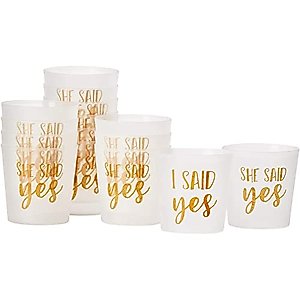 Juvale Plastic Shot Glasses - 15 Pack – Bachelorette Party Shot Glasses, Mini Disposable Plastic Shot Glasses, Wedding Party Props, Favors, Frosted White with Gold Foil, Holds 3.7oz