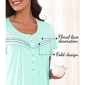 MZROCR Cotton Women Nightgowns Lightweight Soft Night Gowns for Adult Women Short Sleeves Sleepshirts Ladies Long Sleepwear Aqua Green
