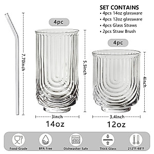 INSETLAN Water Drinking Glasses Set of 8-4 Highball Glasses 14 oz, 4 Rocks Glass Cups 12 oz, Arch Design Cocktail Glasses, Vintage Glassware, With Glass Straw, for Beverages Ice Coffee Juice Water