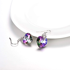 AOBOCO Sterling Silver Purple Crystal Dangle Earrings for Women Heart Love Jewelry Gifts Mothers Day for Mom Wife Daughter (Angle Love Pp)