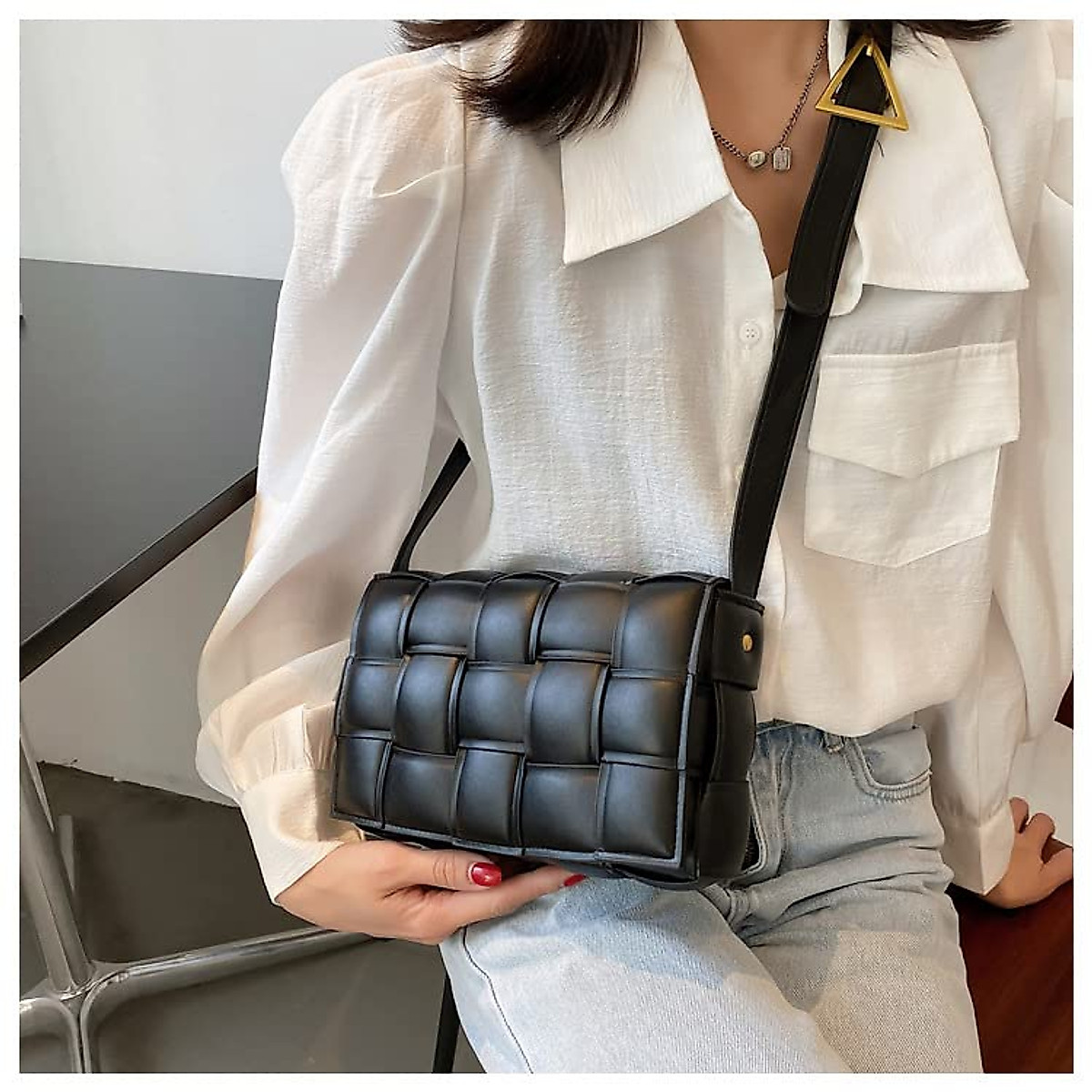 JBB Women Shoulder Bag Purse Woven Crossbody Handbags Small Square Bags Designer Handbag Padded Cassette Clutch Brown