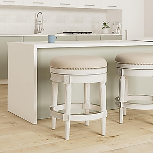 Maven Lane Pullman 26 Inch Tall Backless Alabaster White Finish Counter Height Upholstered Barstool with Cream Fabric Cushion Seat