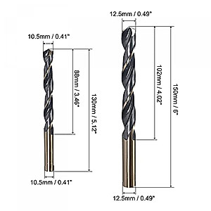 uxcell Drill Bits Set 10.5mm 12.5mm, Titanium Nitride Coated High Speed Steel 4341 Straight Round Shank Drilling Cutter for Stainless Steel Alloy Copper, 3pcs