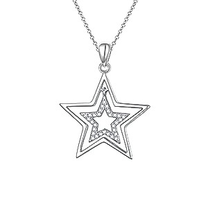 Alphm S925 Sterling Silver Double Stars Necklace Pentagram Pendant Jewelry for Women