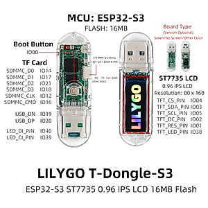 LILYGO T-Dongle-S3 ESP32-S3 TTGO Development Board with Screen Dongle 0.96 inch ST7735 LCD Display TF Card