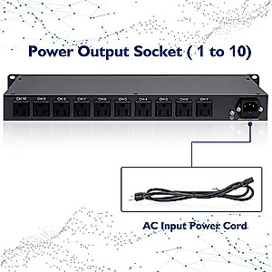10 Outlet Horizontal 1U Rack Mount PDU Power Strip - Surge Protection,10 Individual Led Switches，AC 100V-240V-15A.for Network Server Racks, 6 Feet Heavy Power Cord