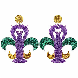 Dreuyet Mardi Gras Earring Colorful Acrylic Carnival Cosplay Party Earring Crown Carnival Mask Letter MARDI GRAS Dangle Earrings Funny Drop Earrings (A)