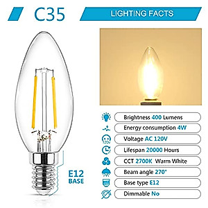 Ascher E12 LED Classic Candelabra Clear Light Bulb, 4W, Equivalent 40W, Warm White 2700K, Filament Clear Glass, Non-Dimmable, Pack of 5