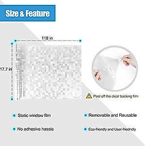 Yenhome Frosted Window Film Privacy Static Cling Window Film Decorative Window Film 3D Mosaic Window Sticker Sun Blocking Anti UV Glass Film for Door Bathroom Home Office Heat Control 17.7x118 inch