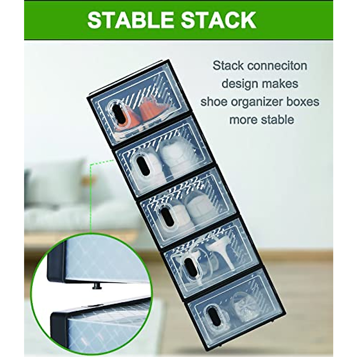 18 Pack Shoe Storage Boxes, Clear Plastic Stackable Shoe Boxes with Lids, Shoe Organizer Boxes for Closet,Space Saving Shoe Holder Sneaker Display Case, Shoe Containers Bins Boot Sneaker Storage Box