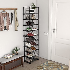 ZILJJ Metal Shoe Rack 10 Tiers Tall Narrow Shoe Rack for Closet Entryway, Space Saving Shoe Shelf Organzier Storage for 20-24 Pairs, Sturdy Stackable Shoe Rack with Hooks