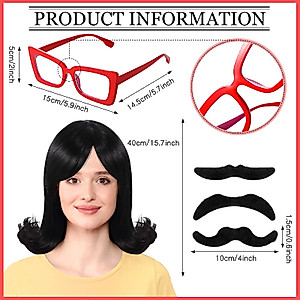 Chuangdi 7 Pcs Halloween Costume Set Include Short Flip Wigs Black Wig, Red Eyeglasses, White Half Apron, White Apron and 3 Pcs Black Fake Mustaches for Cosplay