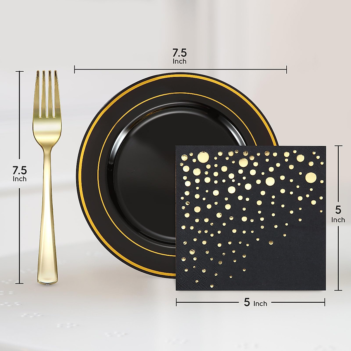Stylish 7.5 Inch Gold and Black Cake Plates with Disposable Forks and Cocktail Napkins (100 Set of Each) - Small Appetizer Plates, Disposable Cake Plates or Salad Plate - Black Plastic Dessert Plates