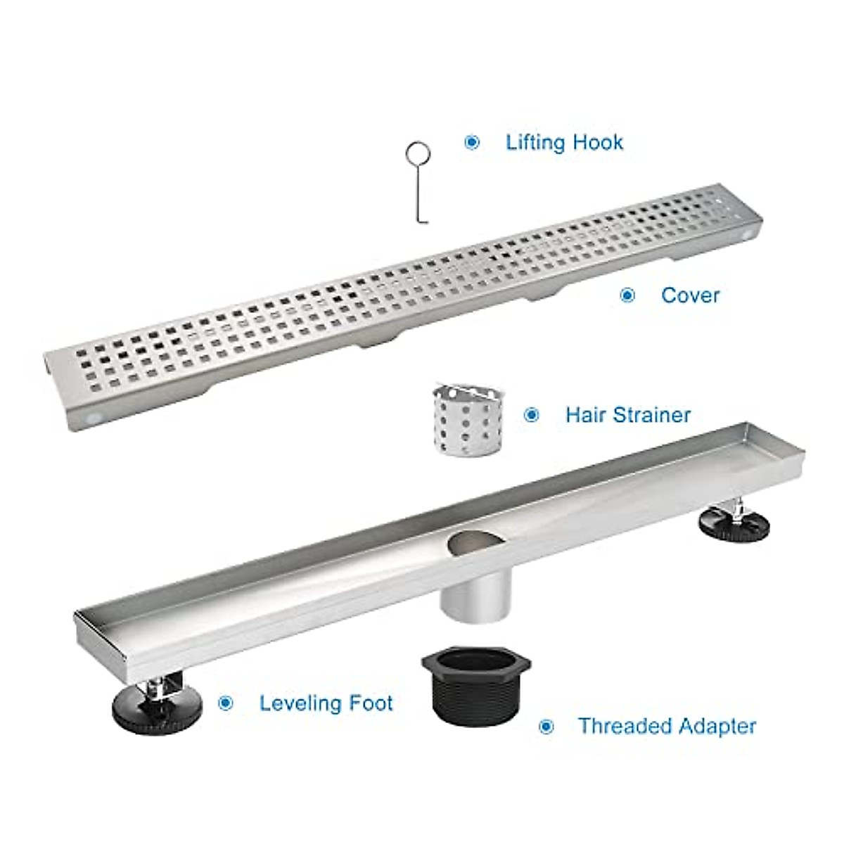 Elefloom Linear Shower Drain, Shower Drain 24 inch with Removable Grate Cover, Professional AISI 304 Stainless Steel Shower Floor Drain, Shower Drain with Hair Catcher and Leveling Feet
